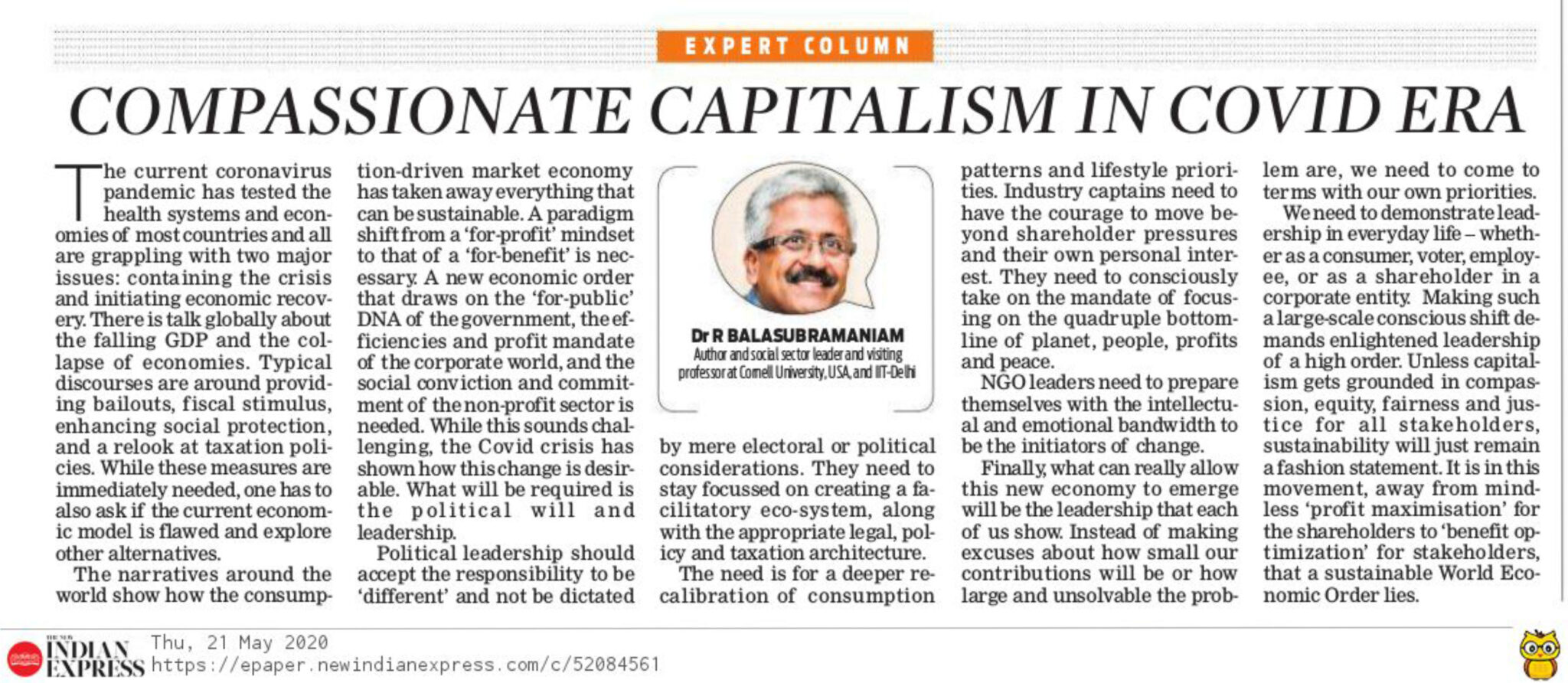 Compassionate capitalism in COVID era(by Dr. R Balasubramanium) – IIDL
